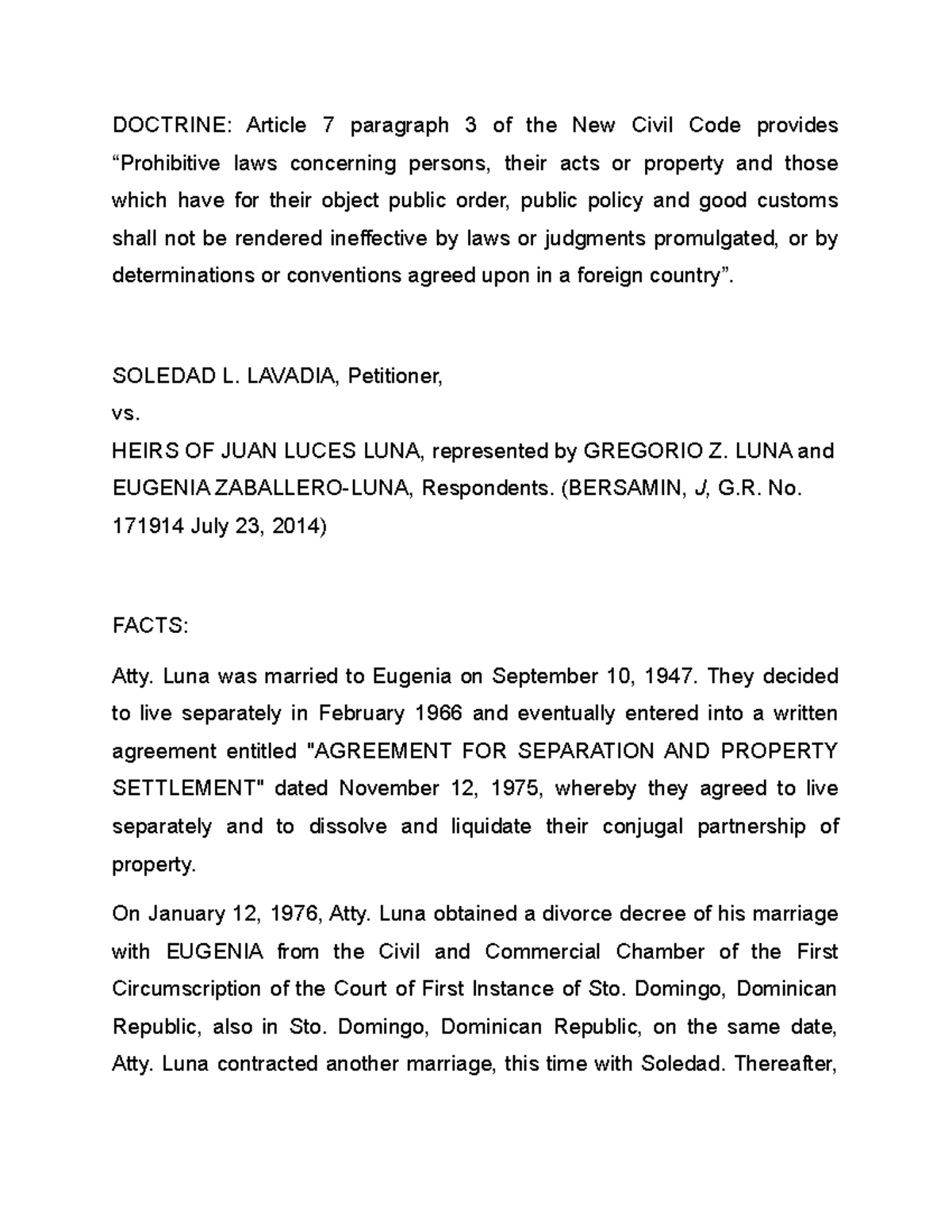 Lavadia vs Juan Luces Luna (Bautista CD1) - DOCTRINE: Article 7 ...