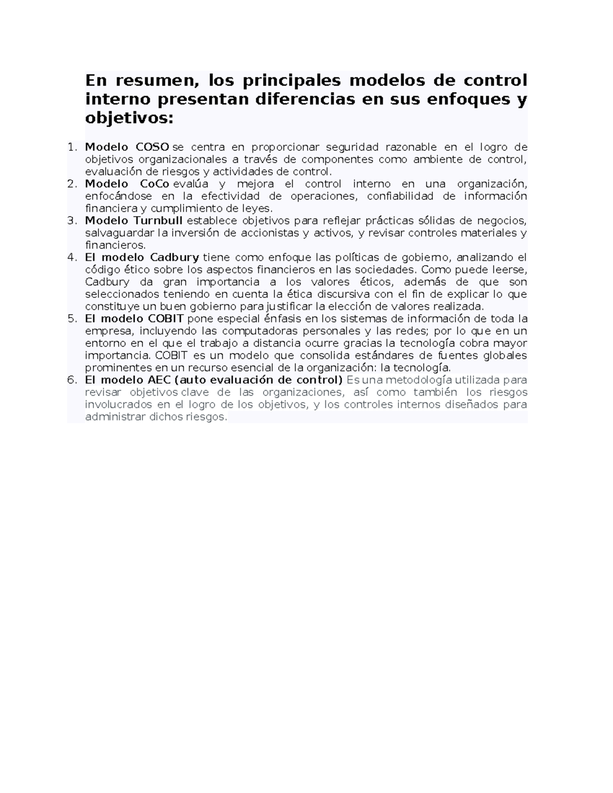 En resumen, modelos de control interno - En resumen, los principales ...