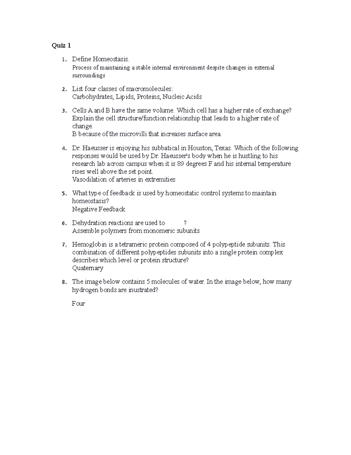 Quiz 1 bio - Topics covers homeostasis and macromolecules - Quiz 1 1 ...