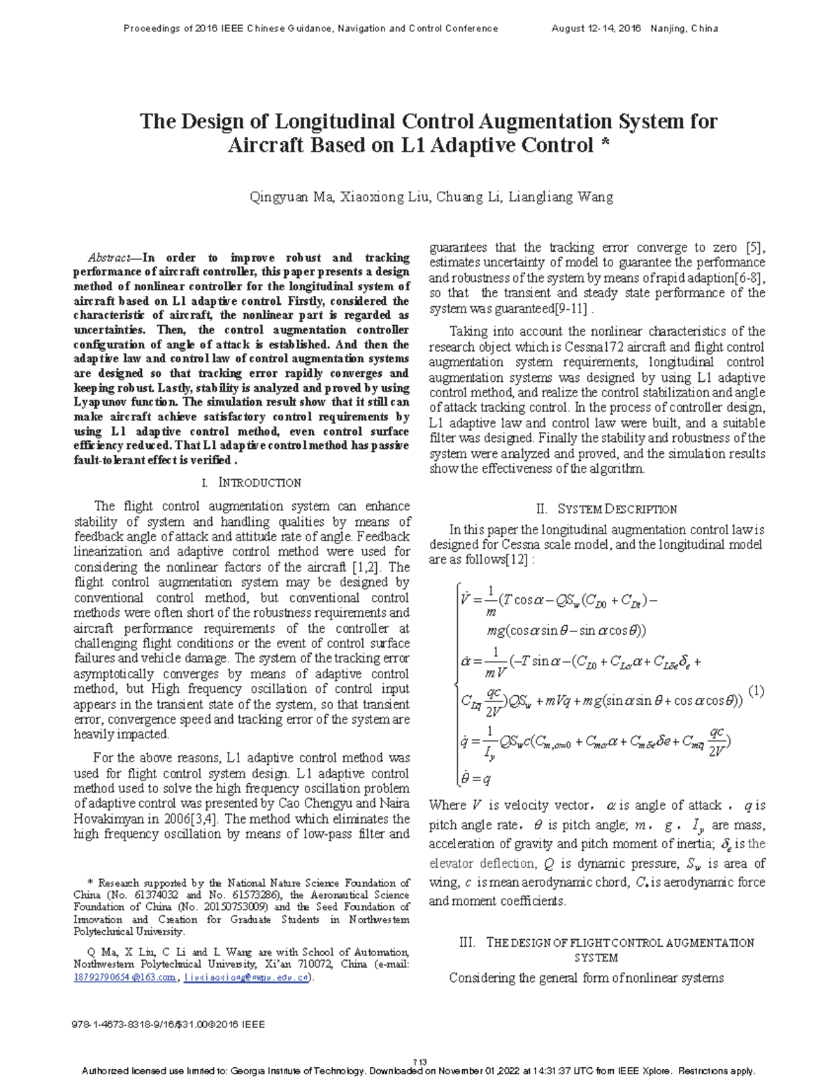2016 The design of longitudinal control augmentation system for aircraft based on L1 adaptive ...