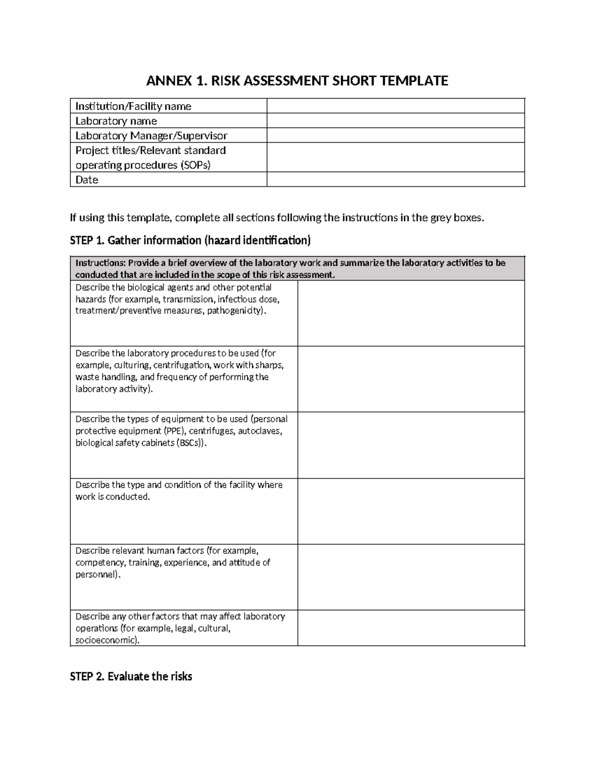 WHO Risk Assessment Short Template - ANNEX 1. RISK ASSESSMENT SHORT ...