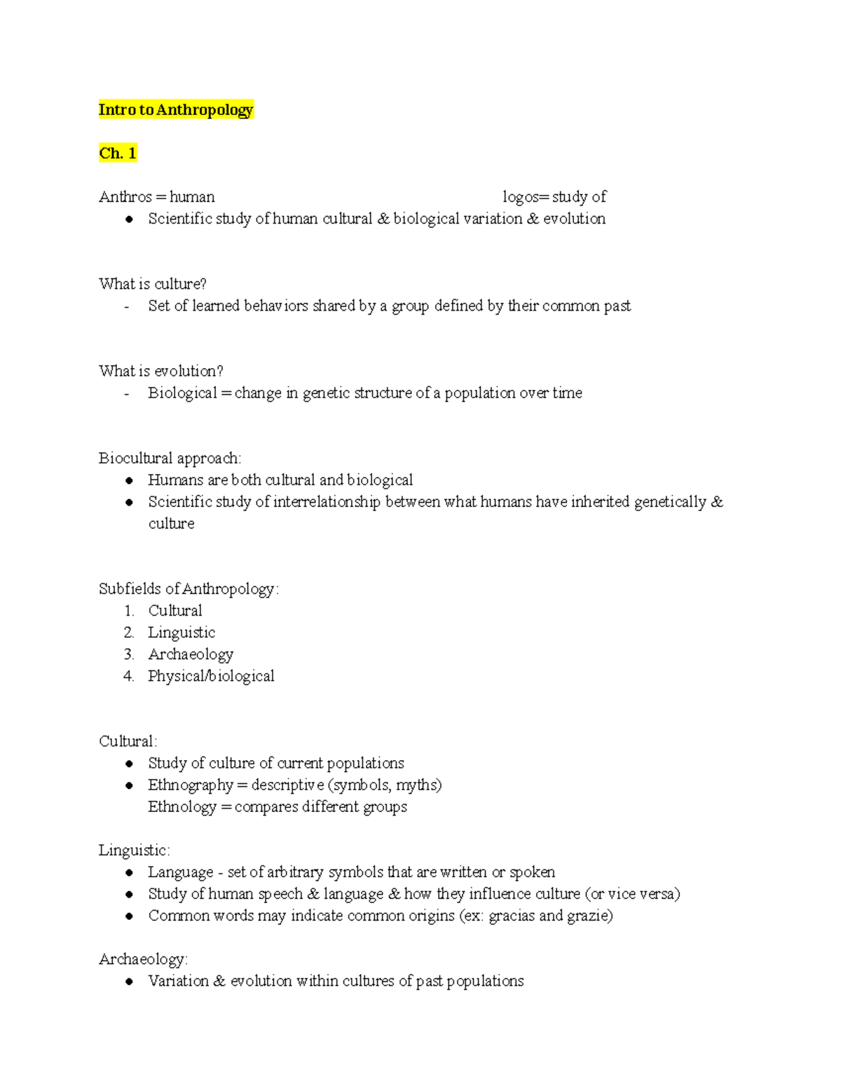 ANTHROPOLOGY 102 NOTES - Intro to Anthropology Ch. 1 Anthros = human ...