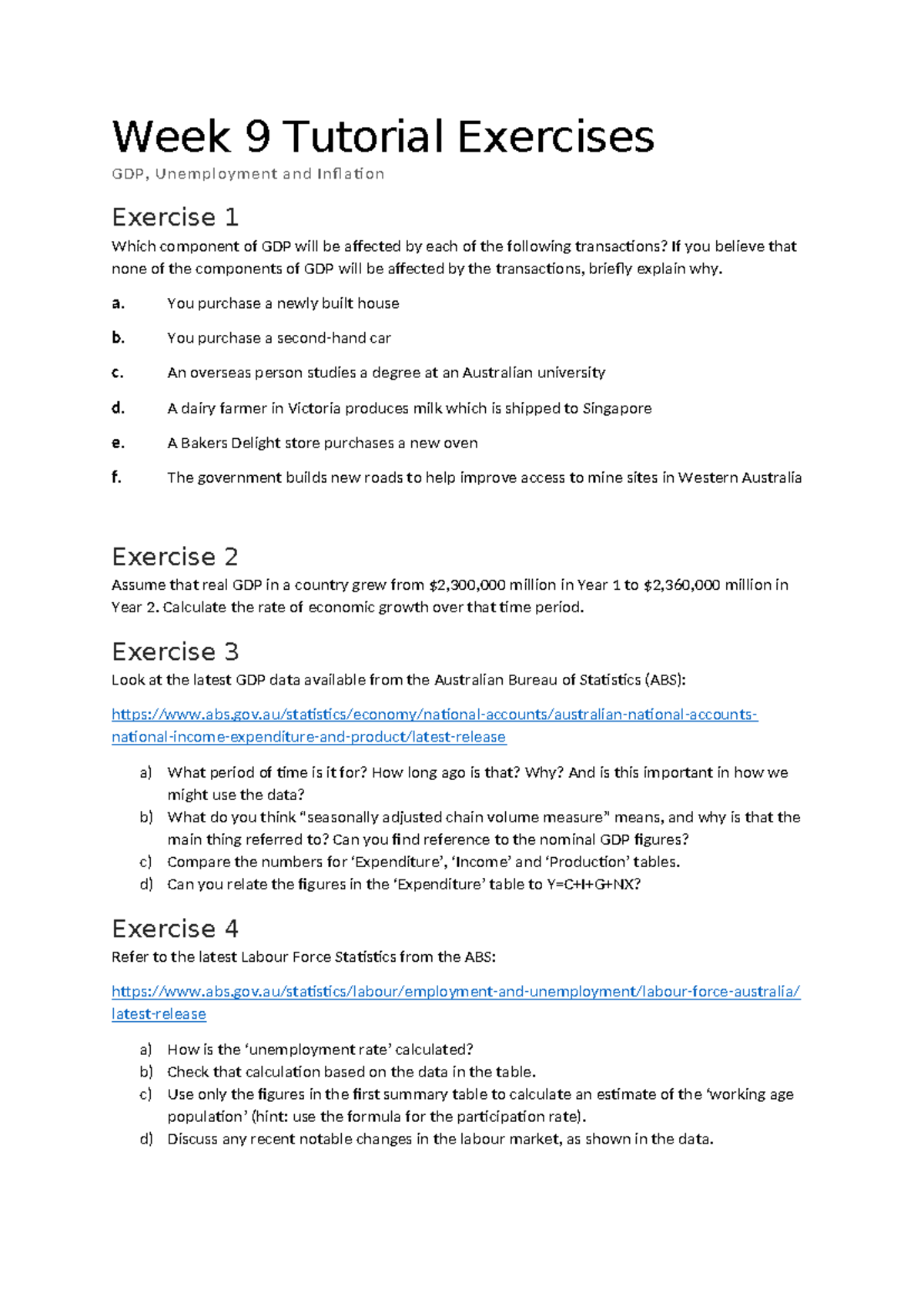 Week 9 Tutorial Exercises - Week 9 Tutorial Exercises GDP, Unemployment and Infl ati on Exercise ...