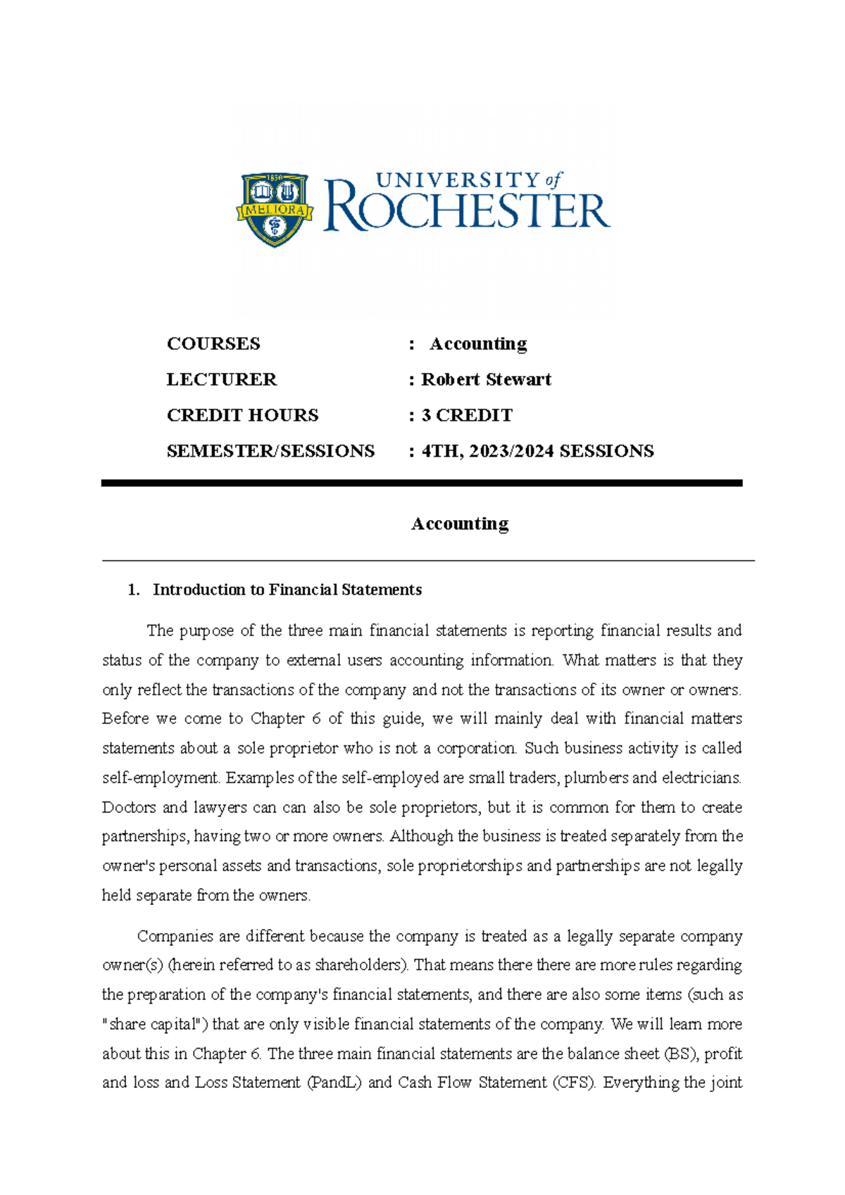 Introduction to Financial Statements - COURSES : Accounting LECTURER ...