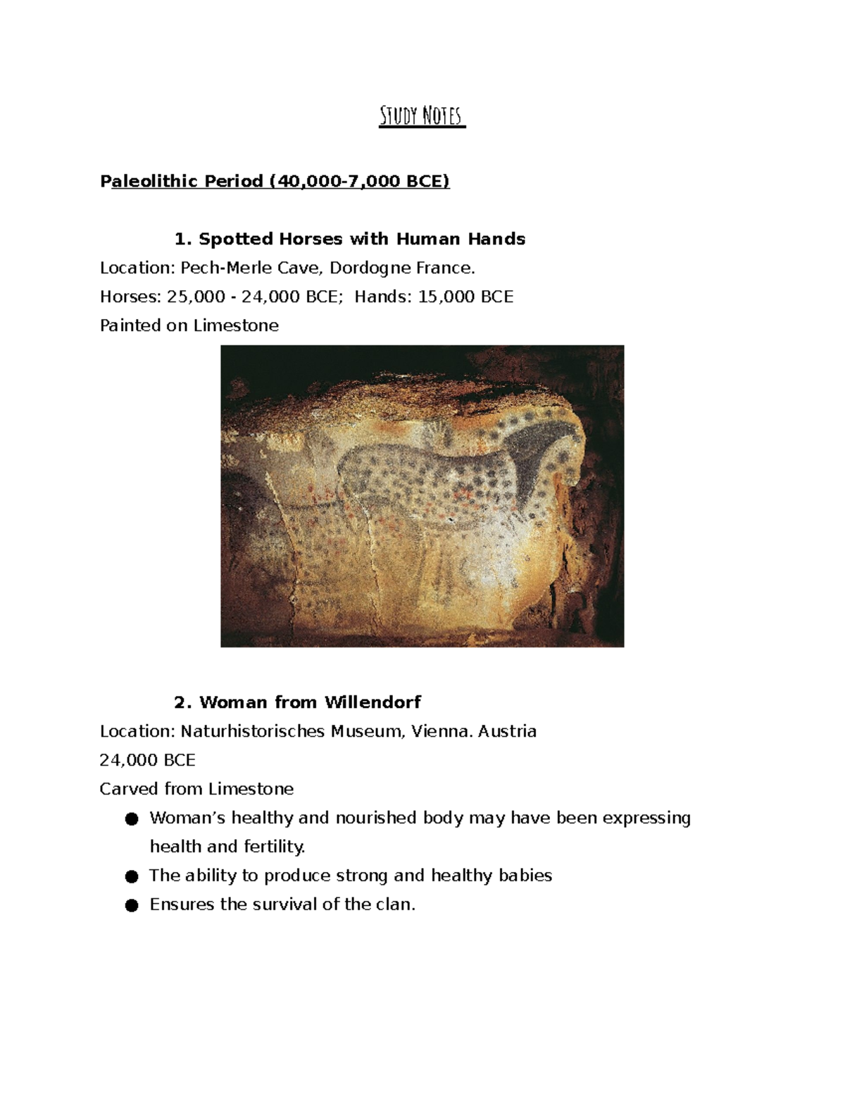 Study Notes for Test 1 - Study Notes Paleolithic Period (40,000-7,000 ...