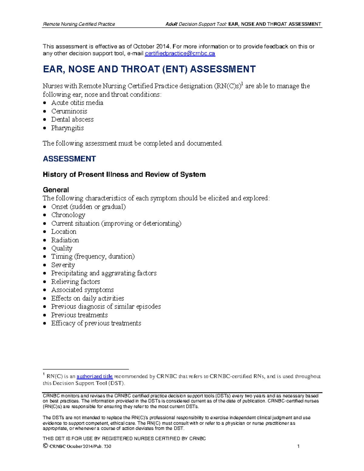 730Ear Nose Throat Assessment Adult DST - CRNBC monitors and revises ...