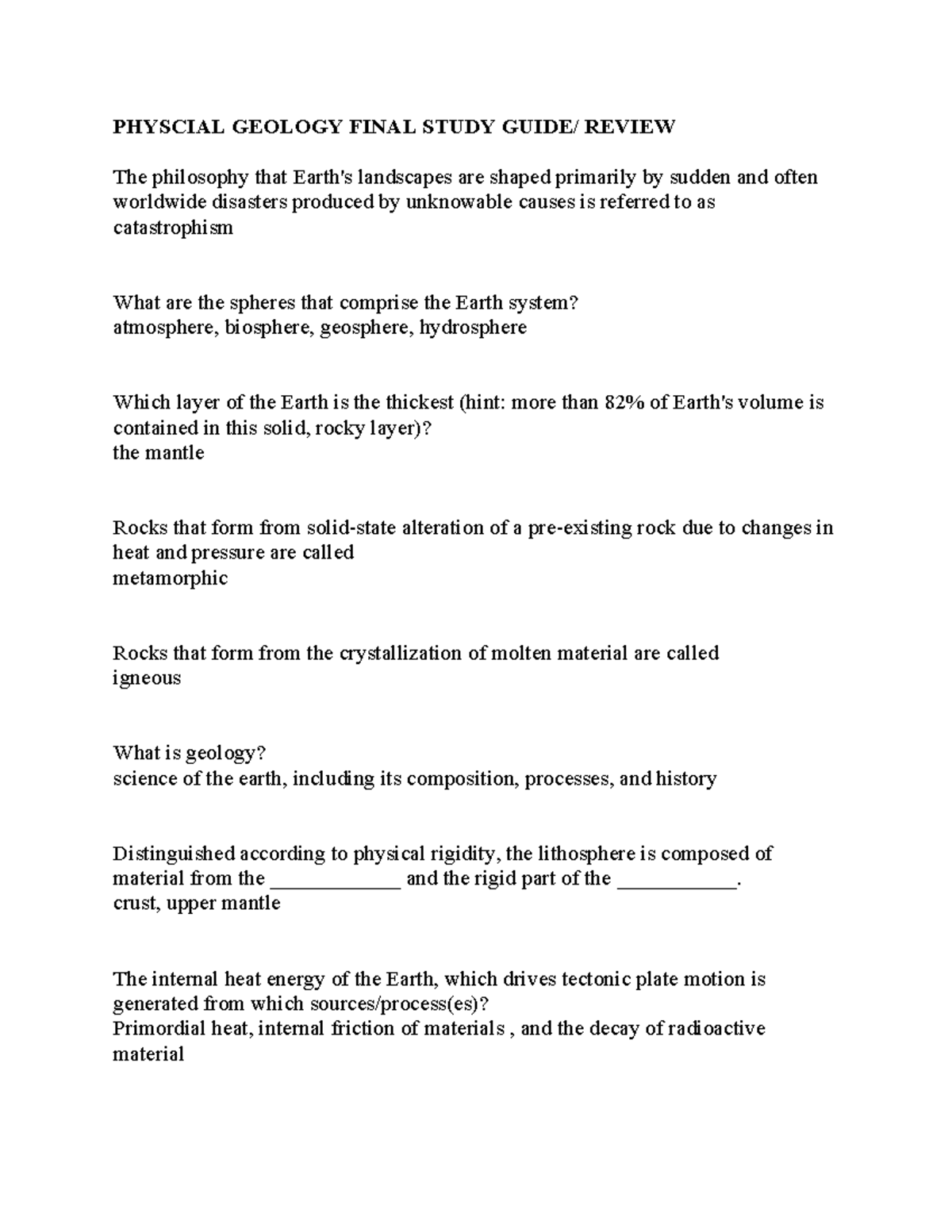 Physcial Geology Final Study Guide - PHYSCIAL GEOLOGY FINAL STUDY GUIDE ...