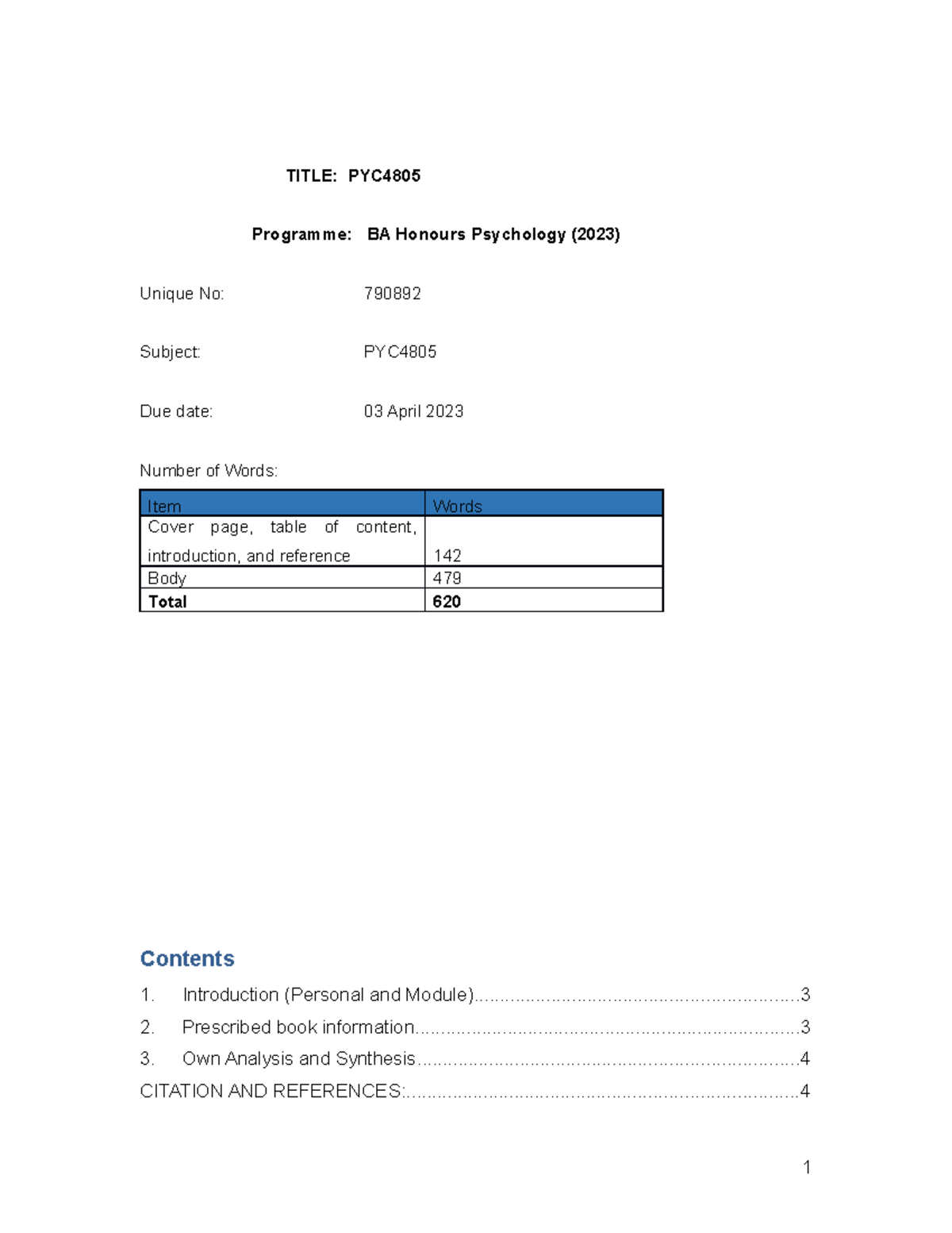 PYC4805 Assignment UPload - TITLE: PYC Programme: BA Honours Psychology (2023) Unique No: 790892 ...