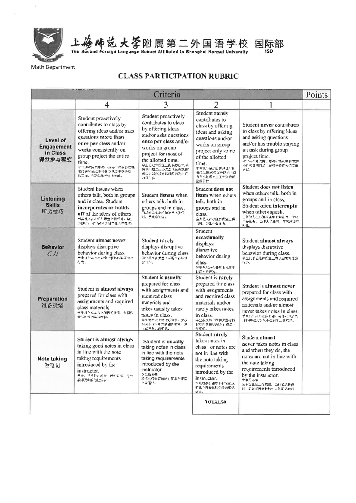 Clsss-participation-rubric - VS rip 31 THE The Second Foreign Language ...