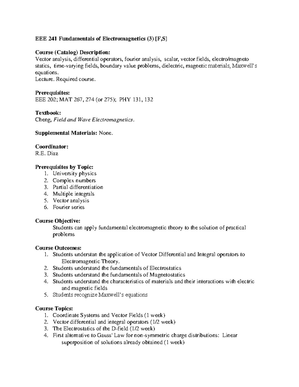 EEE 241 FE Fa09 - Syllabus - EEE 241 Fundamentals of Electromagnetics ...