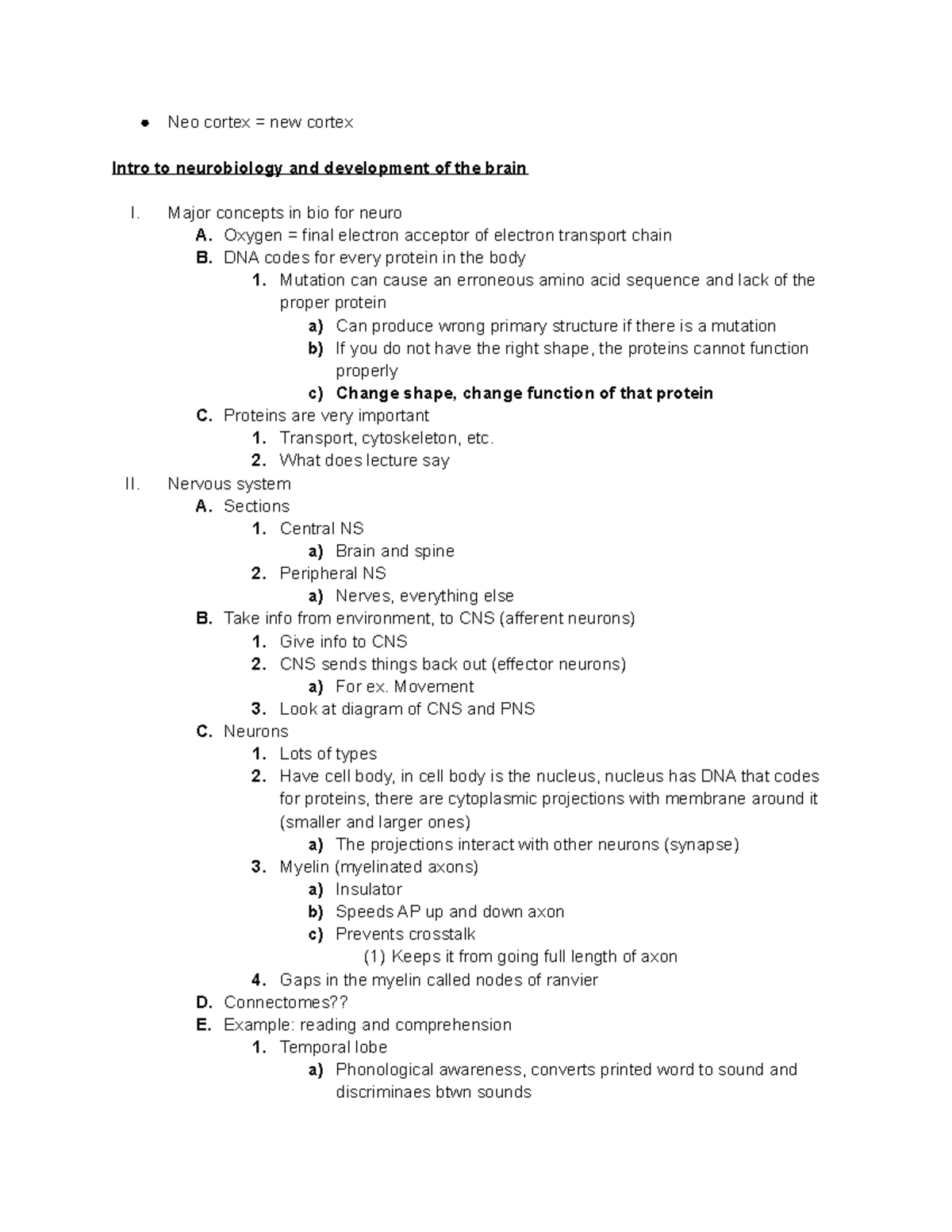 Neuro Notes unit 1 - Dr. Shrier - Neo cortex = new cortex Intro to ...