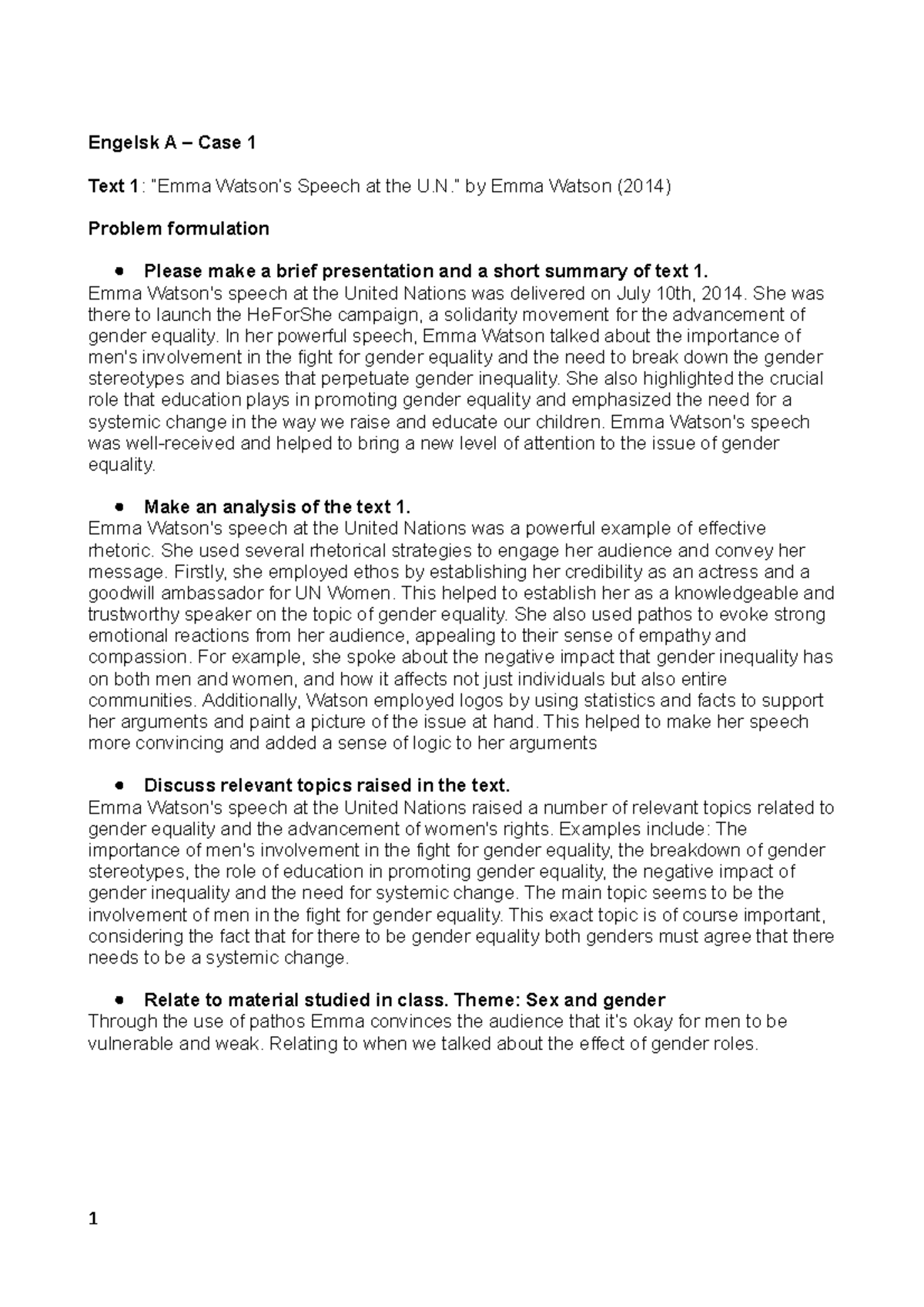 Emma Watson Speech - Engelsk A – Case 1 Text 1: “Emma Watson’s Speech ...