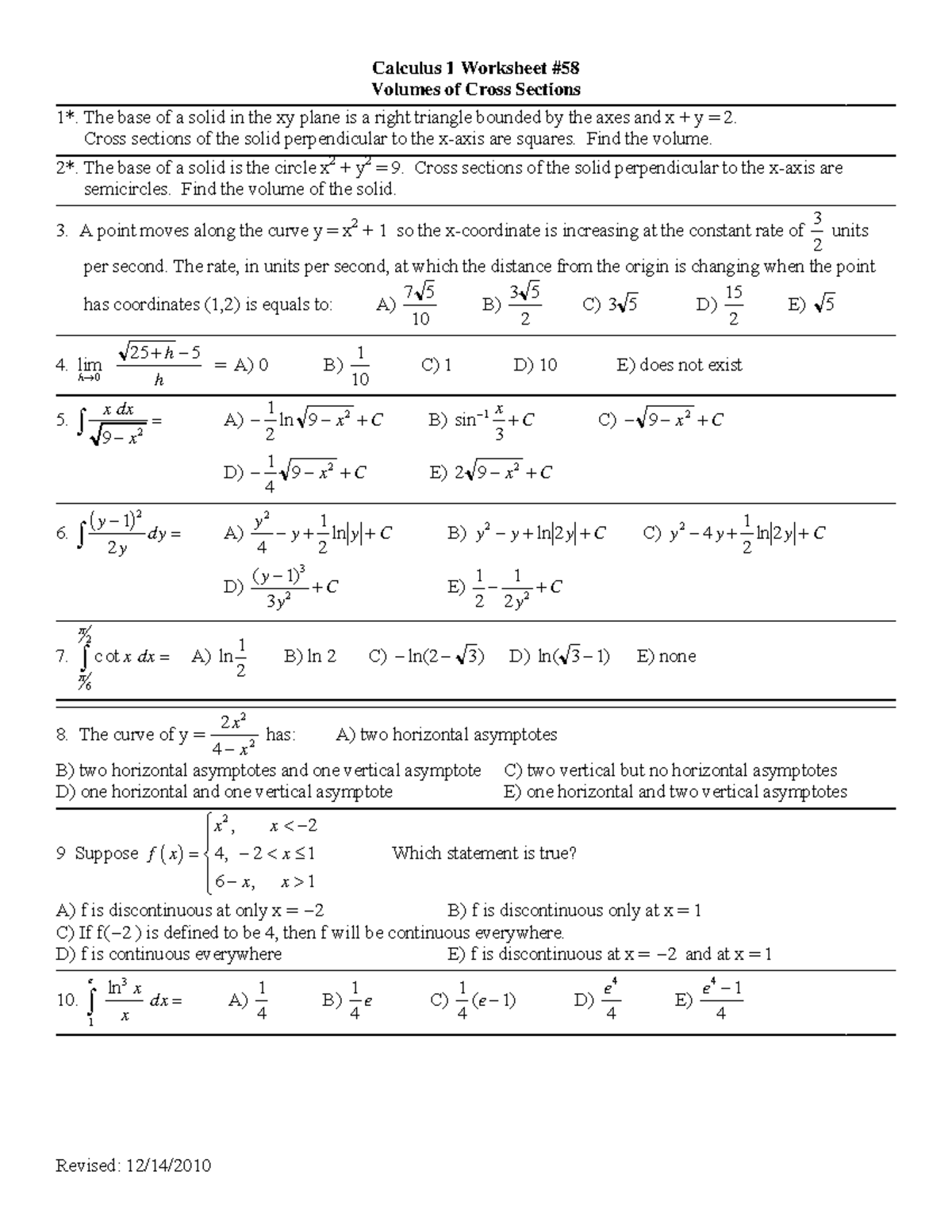 AB ws 058 Volume Cross Section - Calculus 1 Worksheet # - Studocu