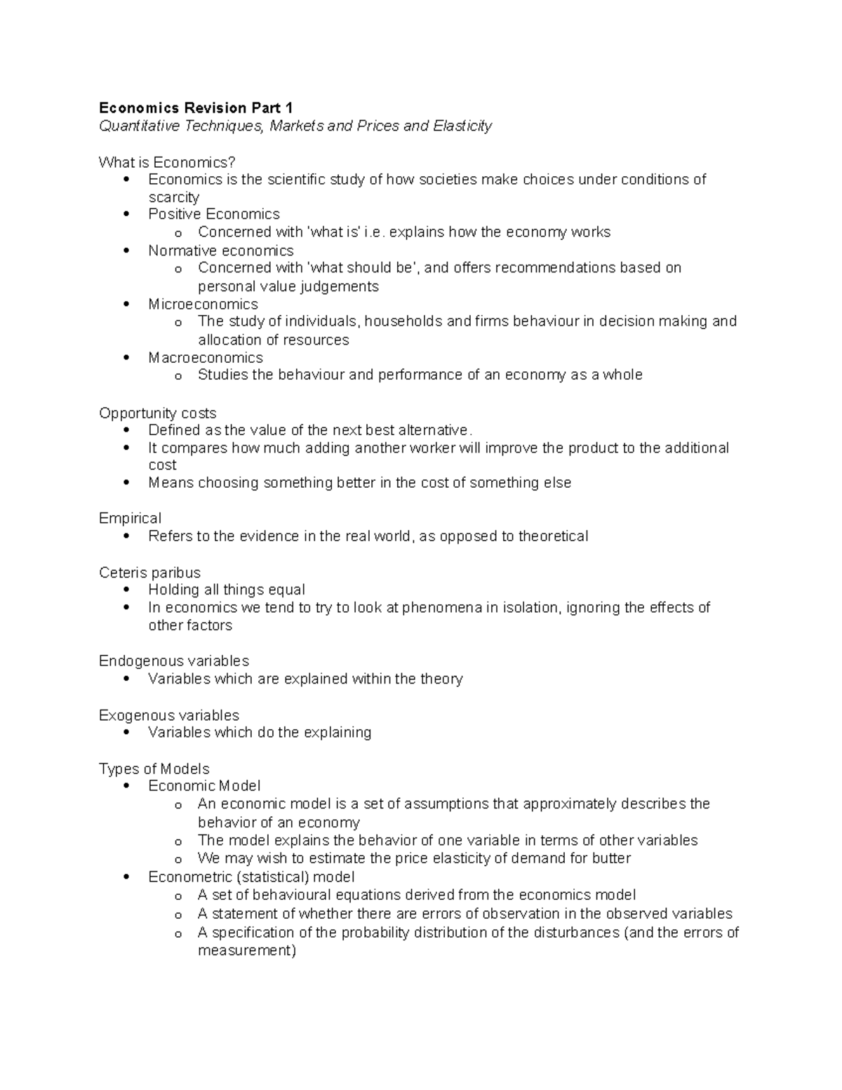 Economics revision - Lecture notes 1-23 - Economics Revision Part 1 ...