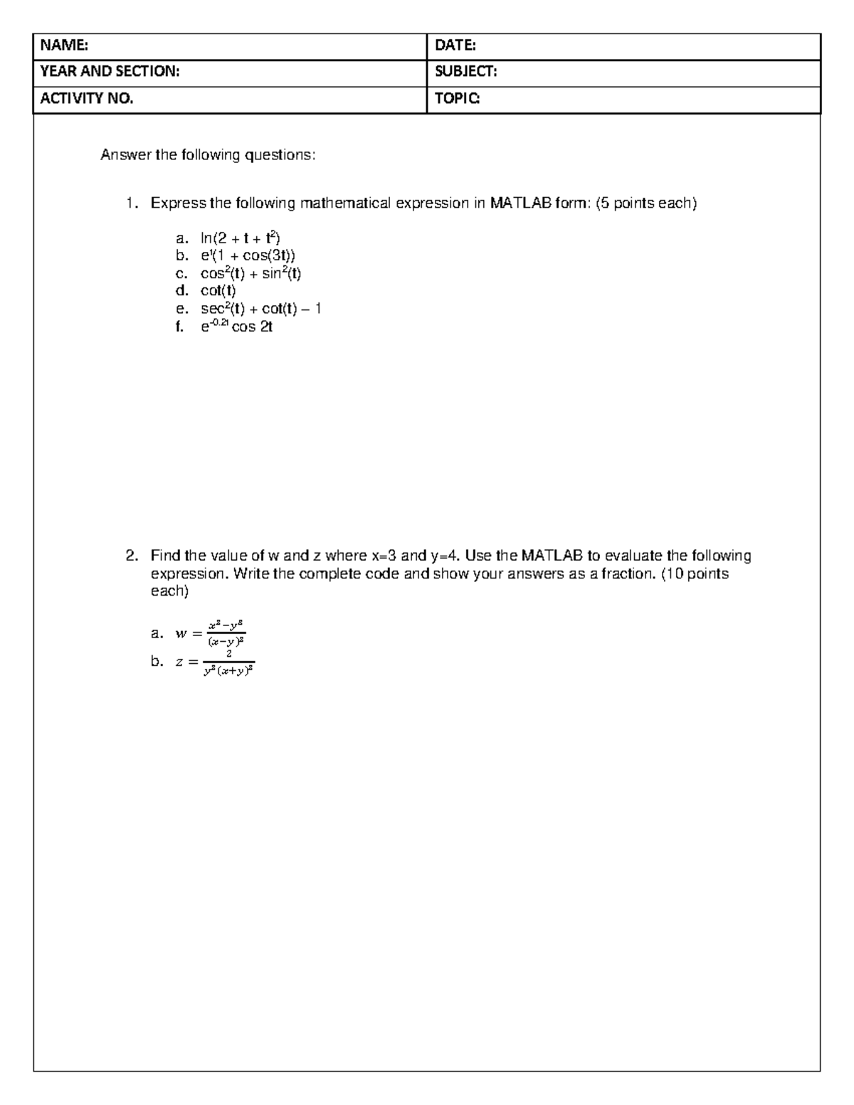 Activity 1 - Computer Engineering - Answer the following questions ...