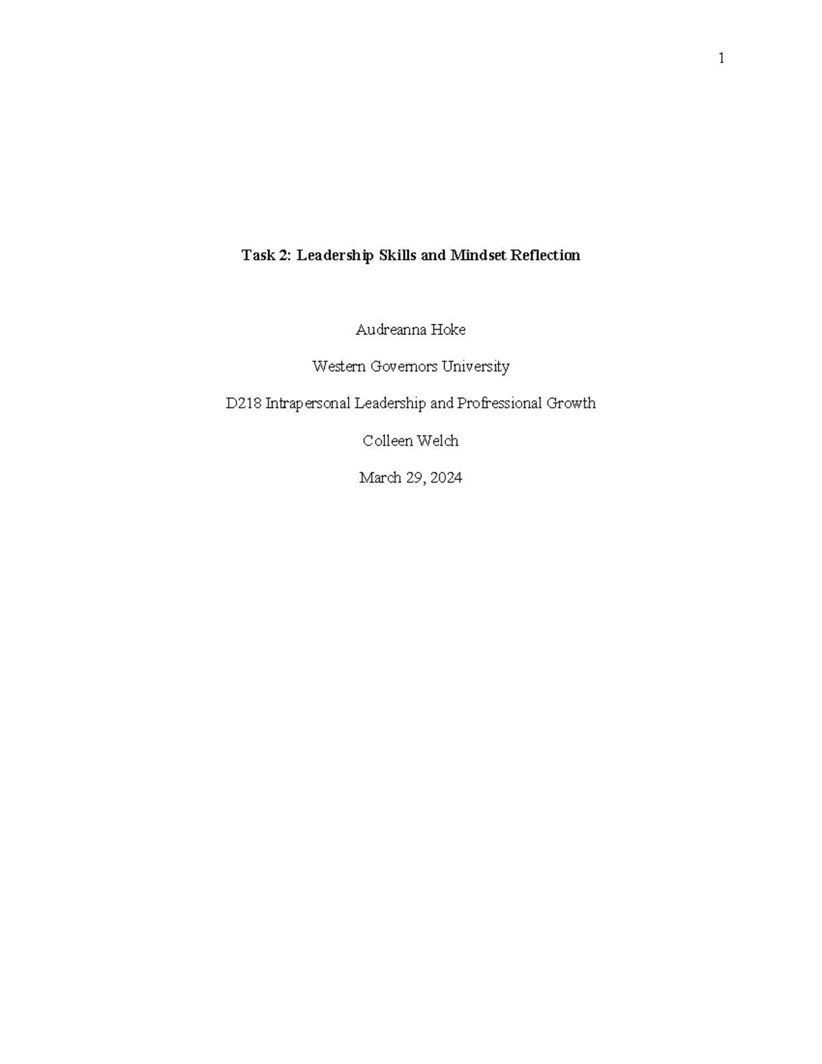 D218 Task 2 - D218 task 2 - Task 2: Leadership Skills and Mindset ...
