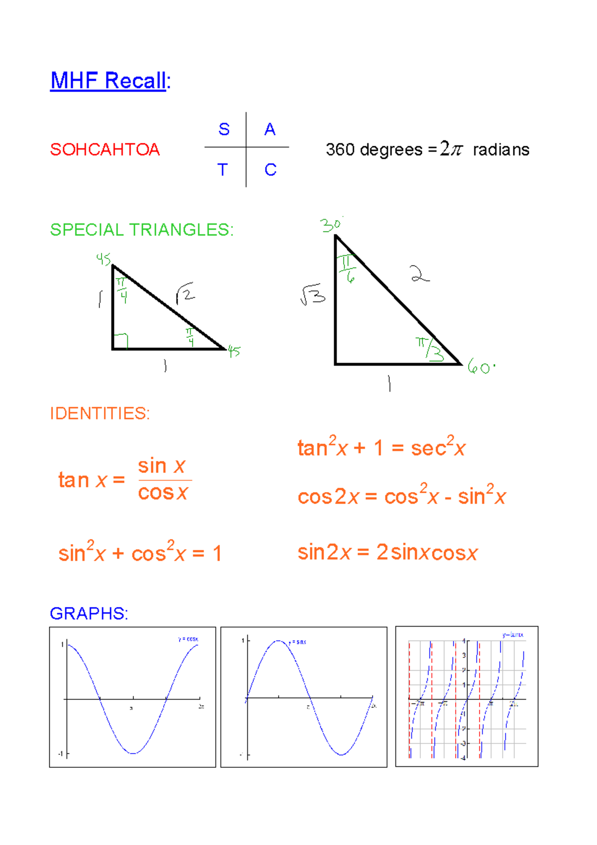 Lesson 5.0 - Calculus - MHF Recall: S A SOHCAHTOA 360 degrees = radians ...