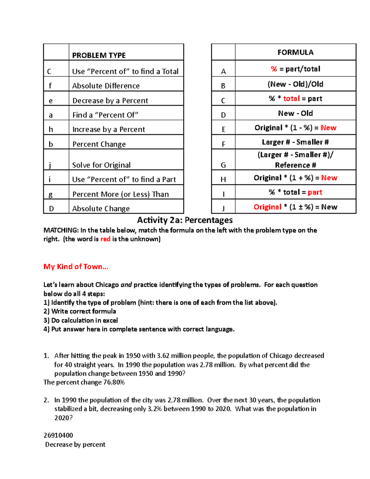 Activity 2a - Percentages and Percentages Formulas - PROBLEM TYPE ...