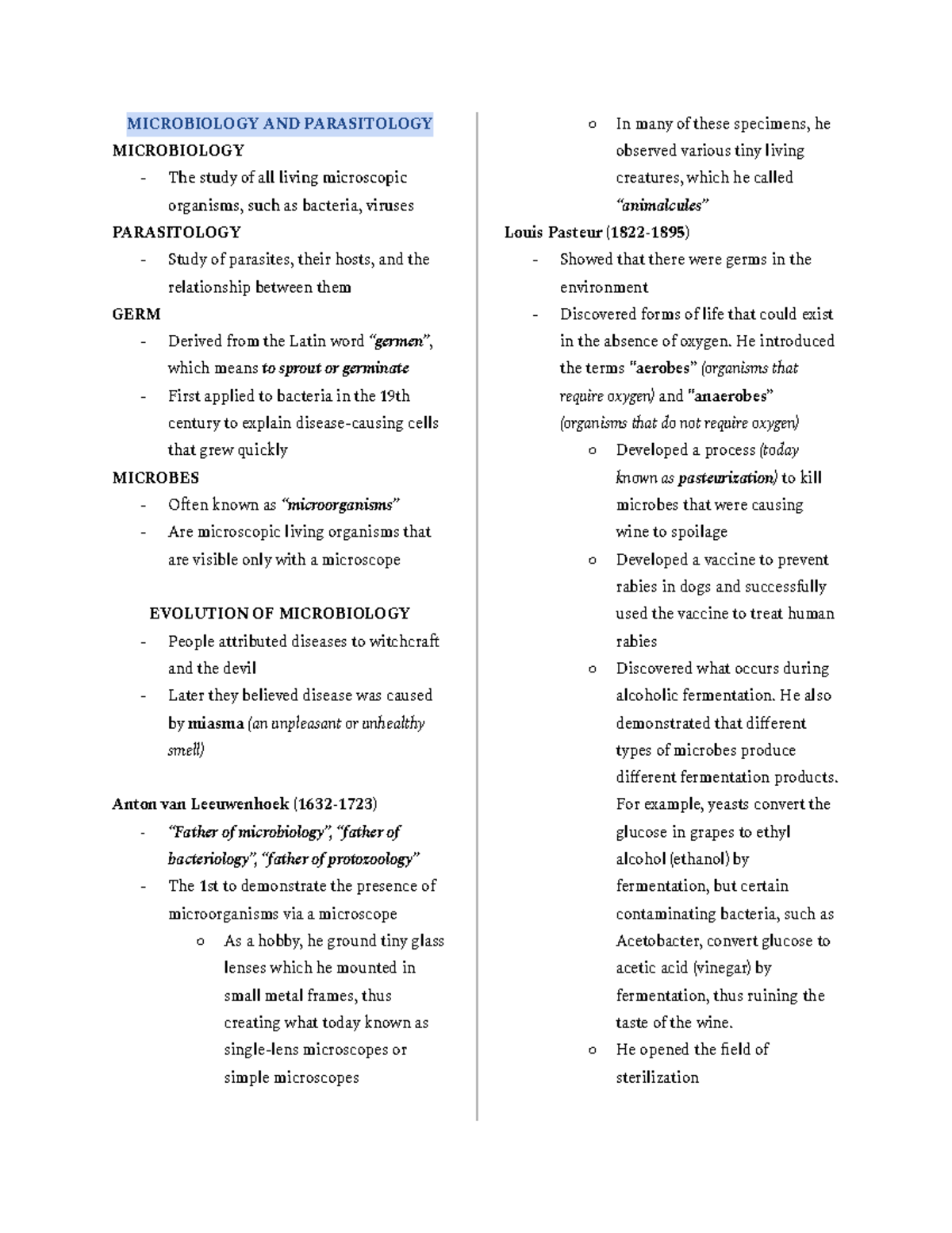 MICP LEC Prelim - MICROBIOLOGY AND PARASITOLOGY MICROBIOLOGY The study of all living microscopic ...