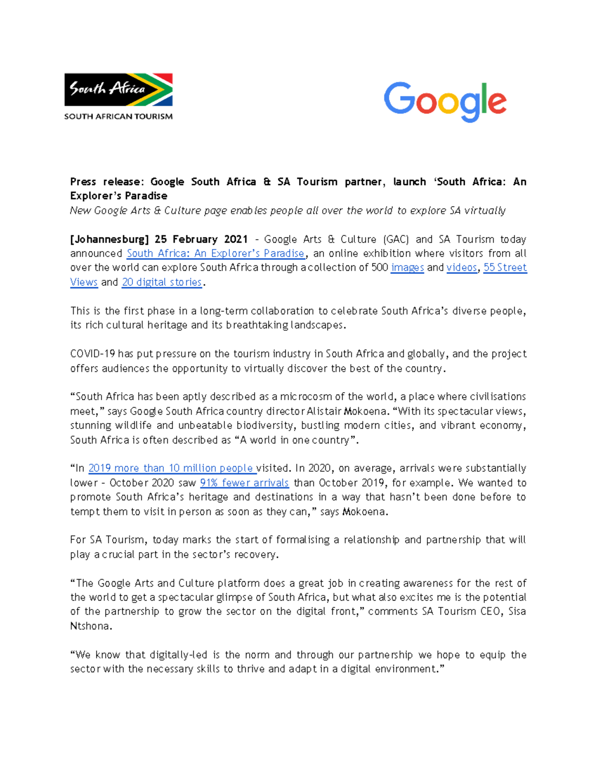 SA Tourism and Google SA collaboration press release - Press release ...
