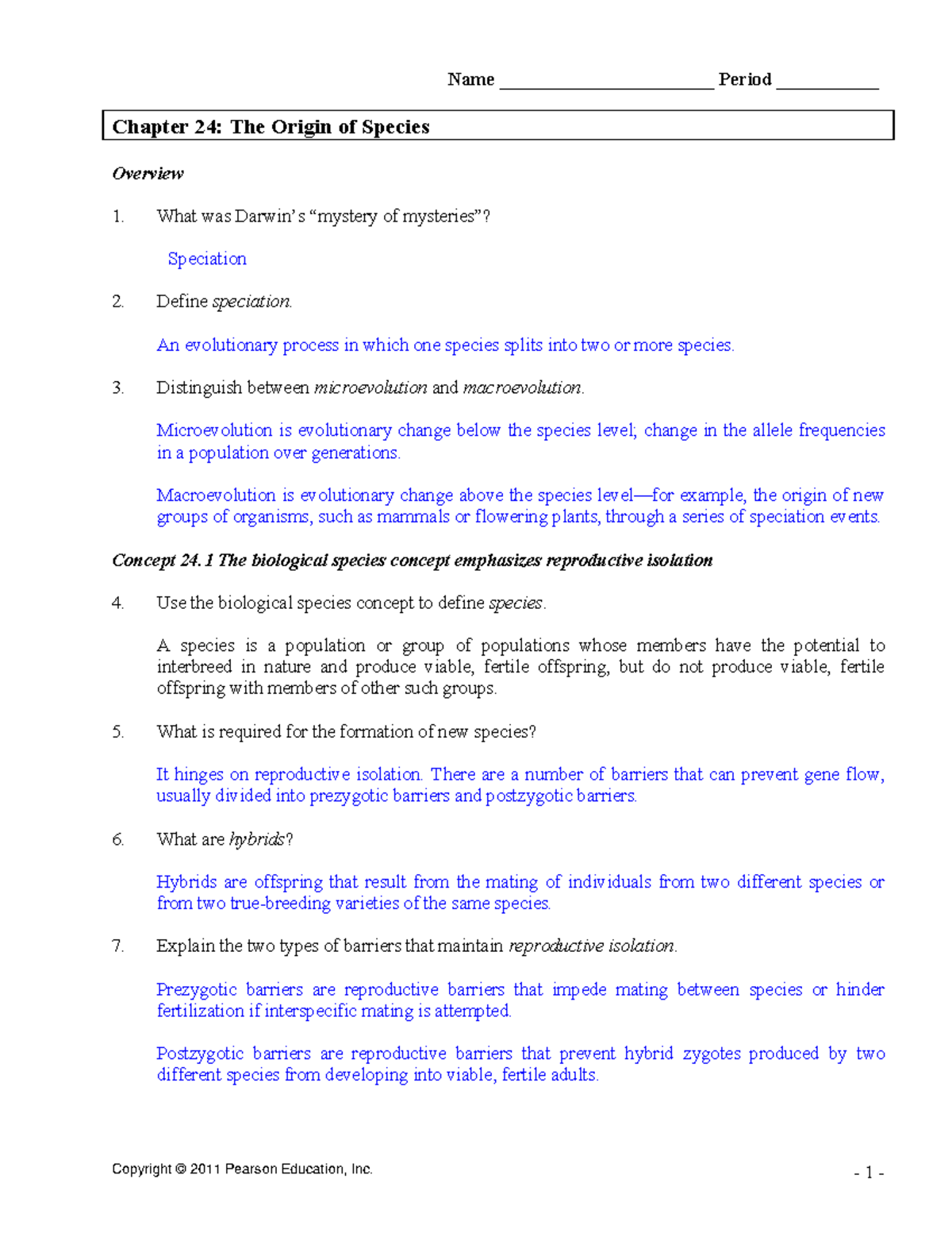 0 chapter 24 origin of evolution reading guide answers - Name ...