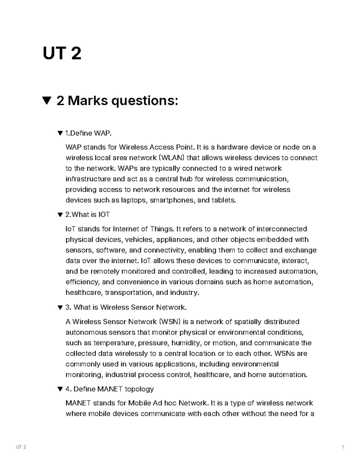 WMN UT 2 - ut 2 - UT 2 2 Marks questions: 1 WAP. WAP stands for Wireless Access Point. It is a ...