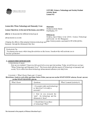 Lesson 1 SAS STS - GEN 003: Science Technology & Society Student ...