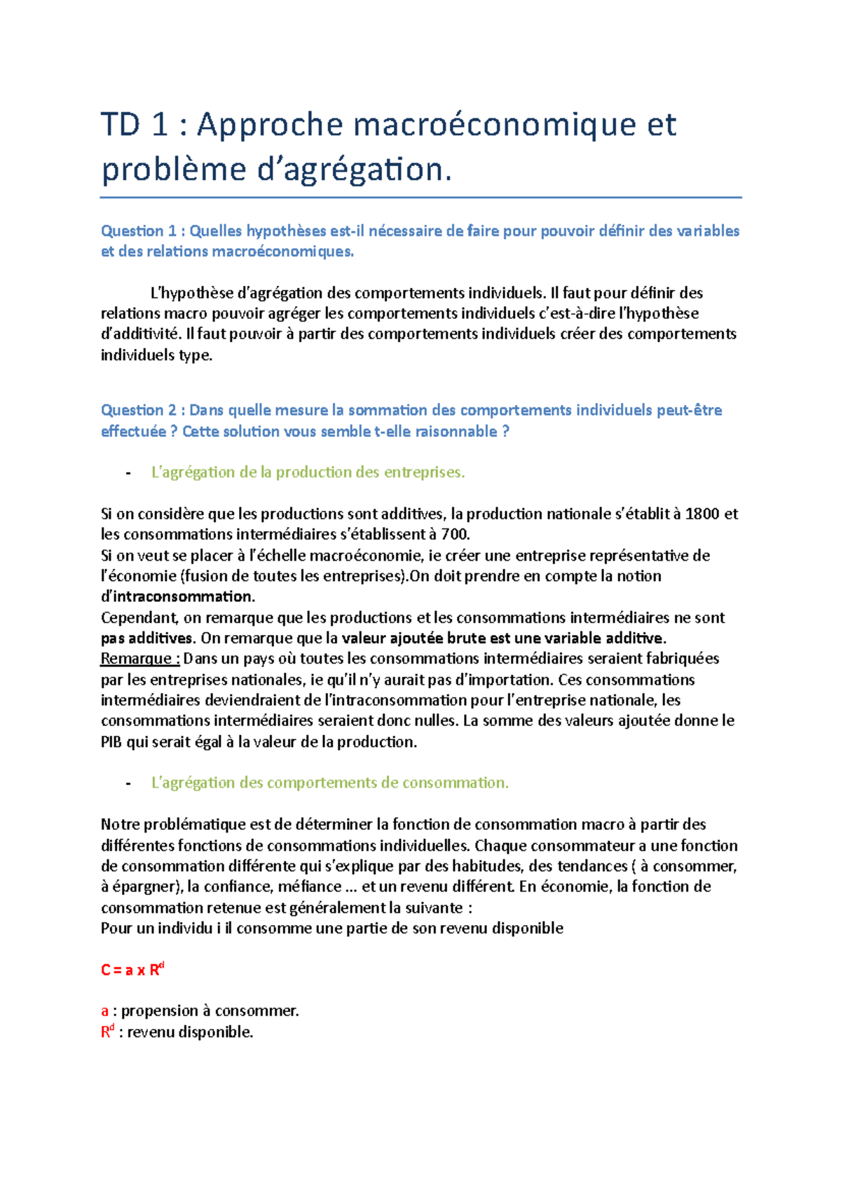 TD Macro - TD de l'Esdhem - TD 1 : Approche macroéconomique et problème d’agrégation. Question 1 ...