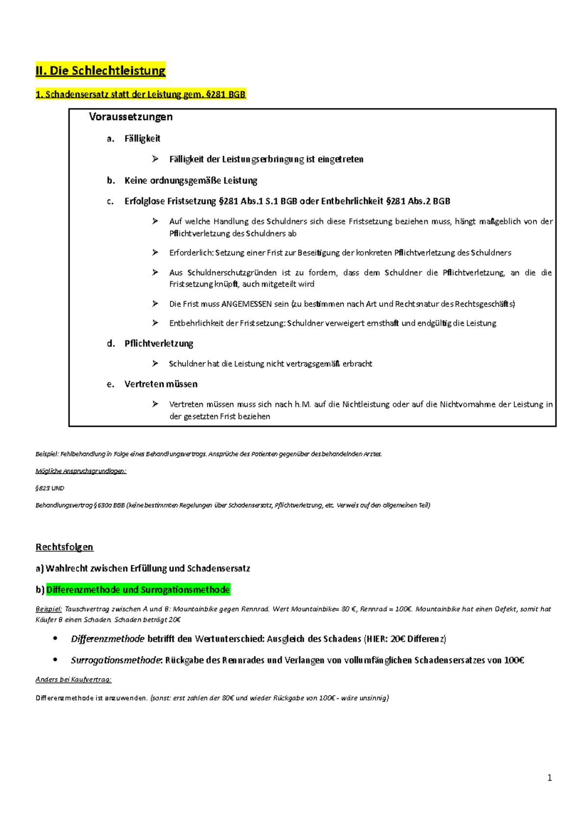 Die Schlechtleistung - Zusammenfassung Jura - II. Die Schlechtleistung ...