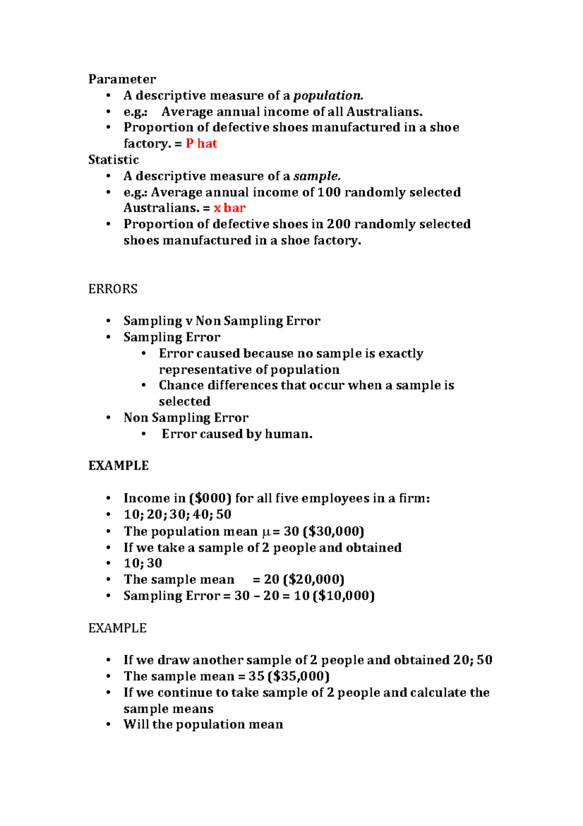 Bus Stats Week 1 Lecture - Parameter A descriptive measure of a ...