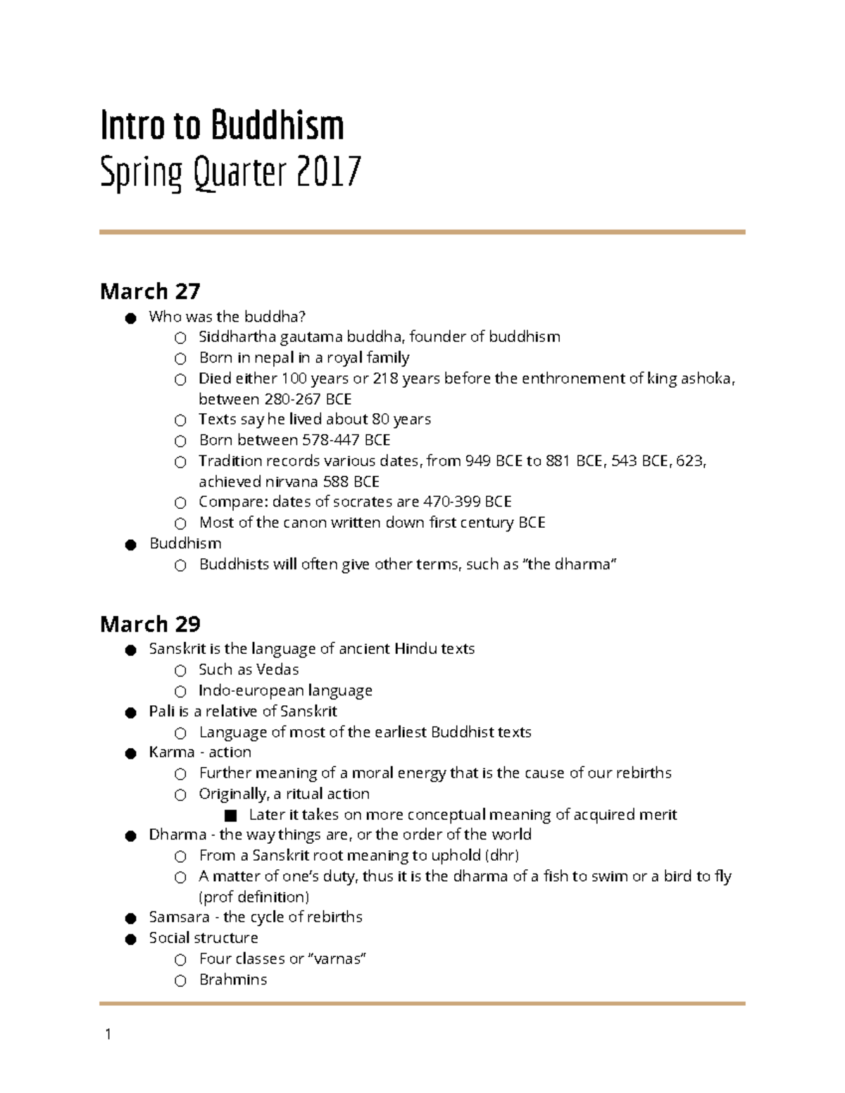 R Eligion 210 - Lecture notes 1-10 - Introduction To Buddhism - Intro ...