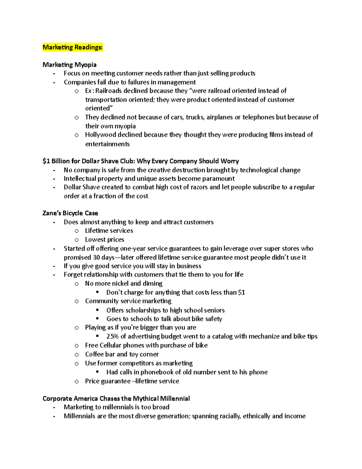 Marketing Readings Study Guide - Marketing Readings: Marketing Myopia ...