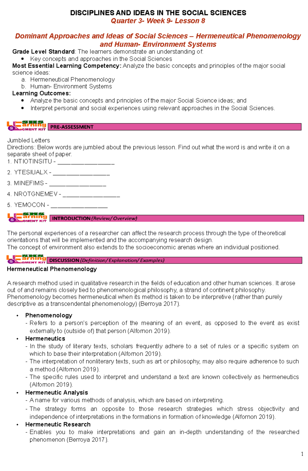 DISS Module WEEK 9 - DISCIPLINE - Jumbled Letters Directions: Below ...