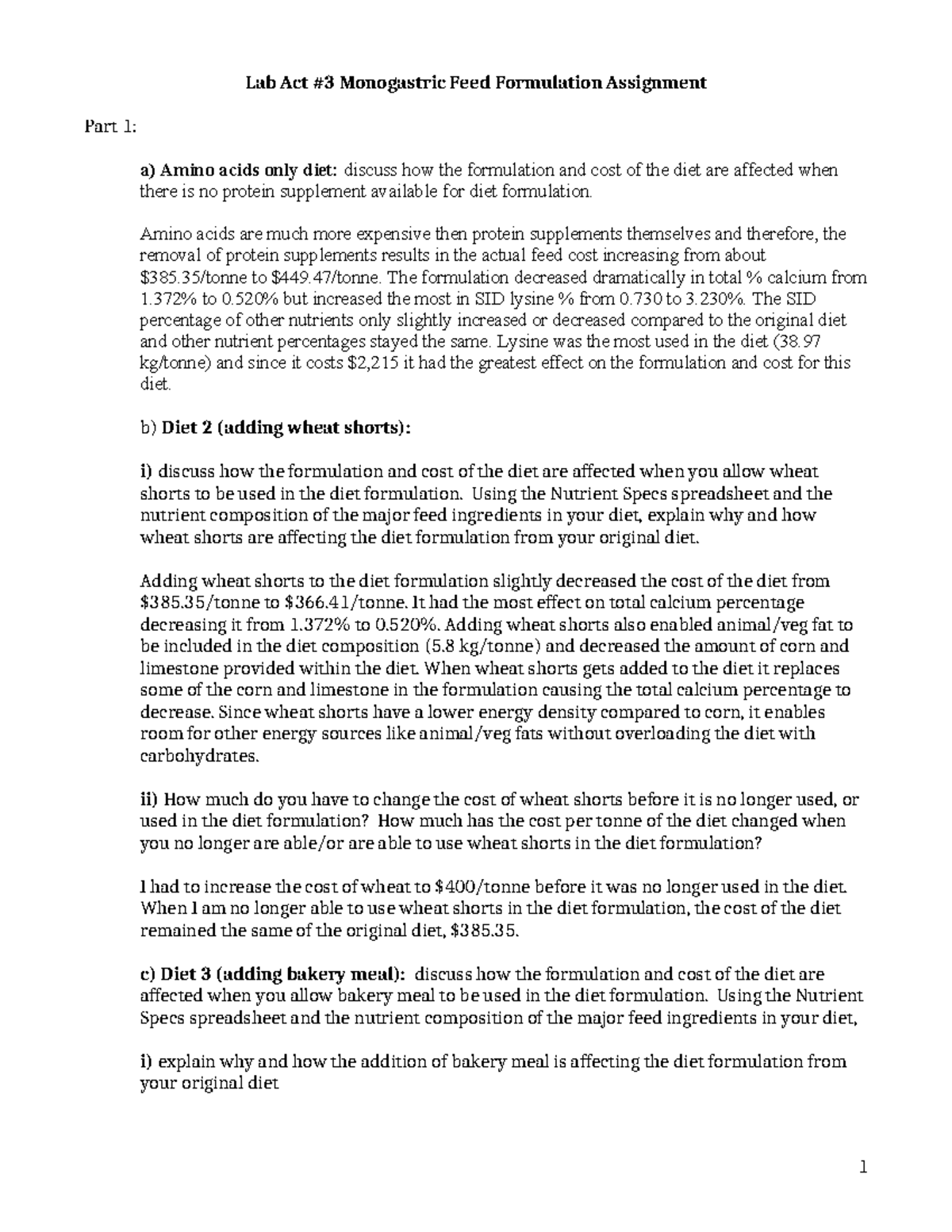 ANSC3120 F24 Lab Act 3 - Lab Act #3 Monogastric Feed Formulation Assignment Part 1: a) Amino ...