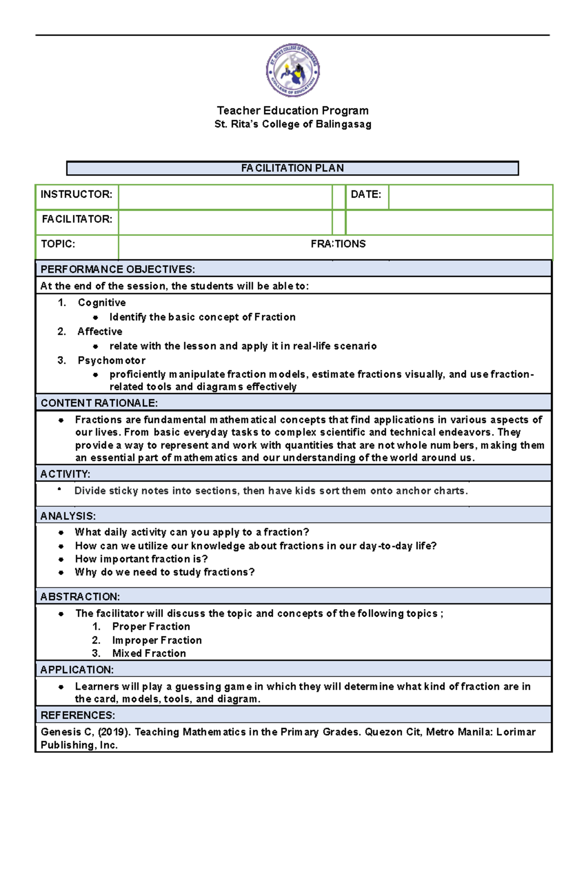 Facilitation PLAN - Grade 3 Mathematics FP - Teacher Education Program ...