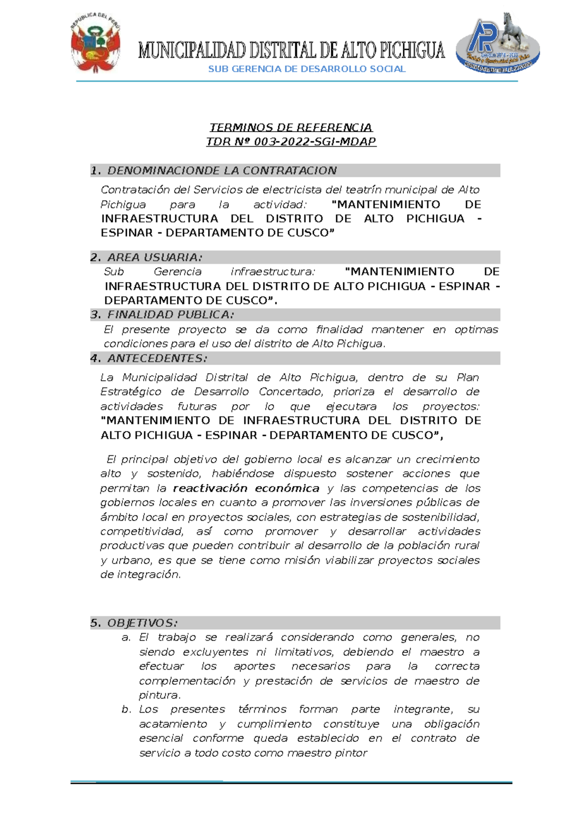 TDR Electricista - como hacer un requerimiento - TERMINOS DE REFERENCIA ...