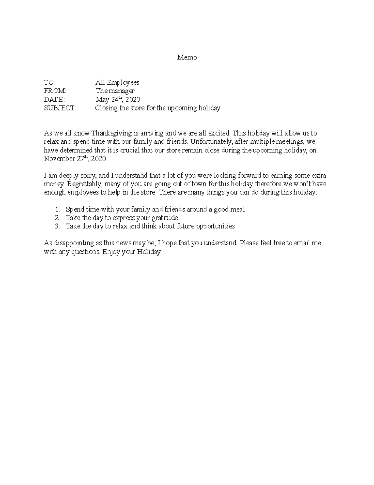 Assignment 2b Memo - Memo TO: All Employees FROM: The manager DATE: May ...