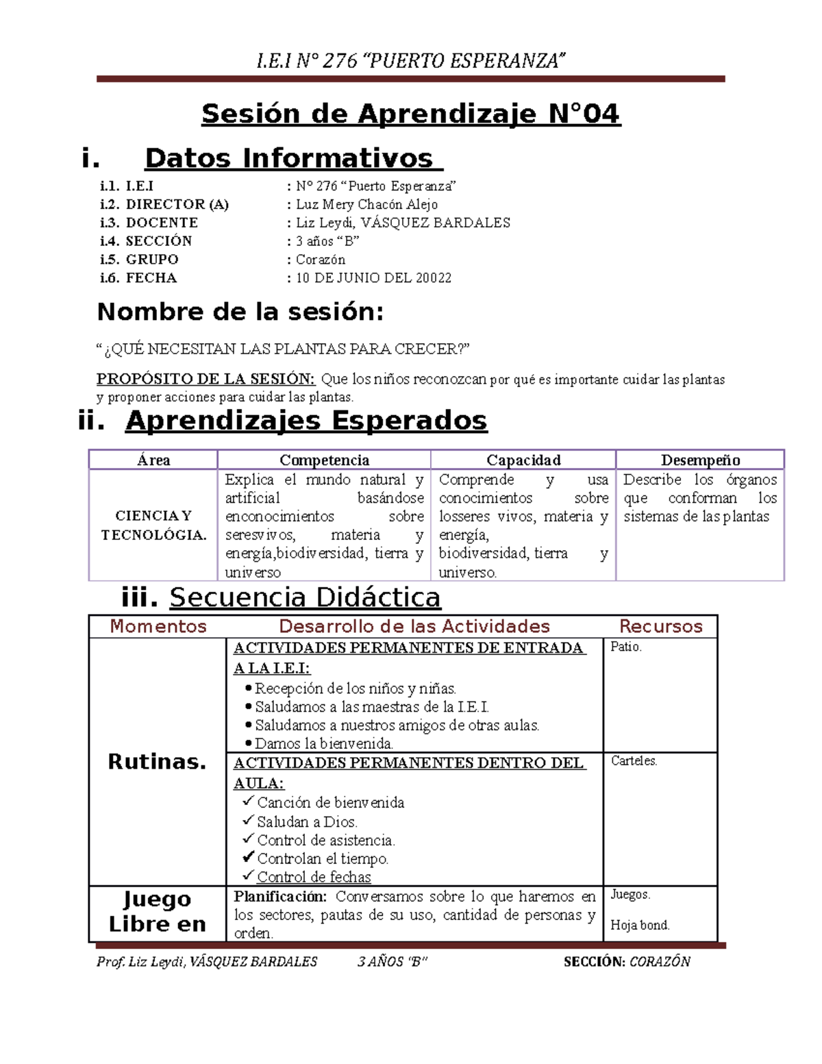 10-06-2022 A Ganar - Sesión de Aprendizaje N° i. Datos Informativos i. I.E : N° 276 “Puerto ...