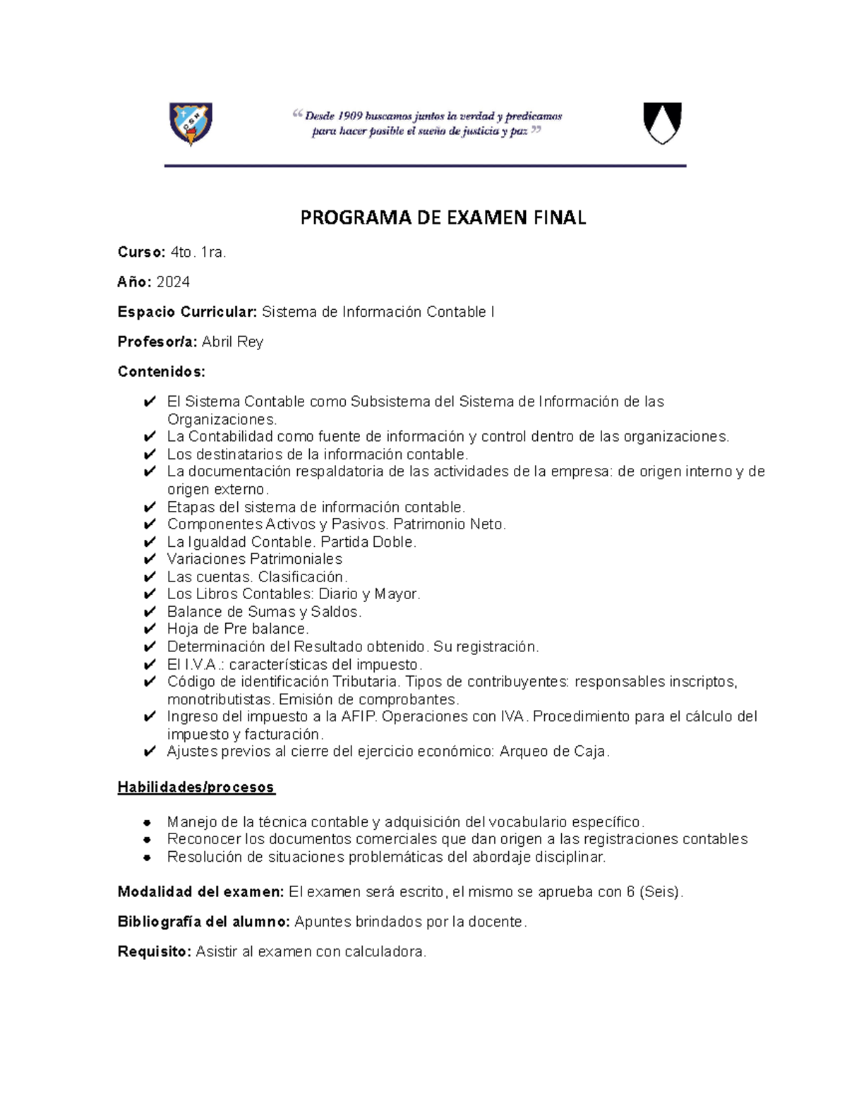 Programa DE Examen Final SIC 4to - PROGRAMA DE EXAMEN FINAL Curso: 4to ...