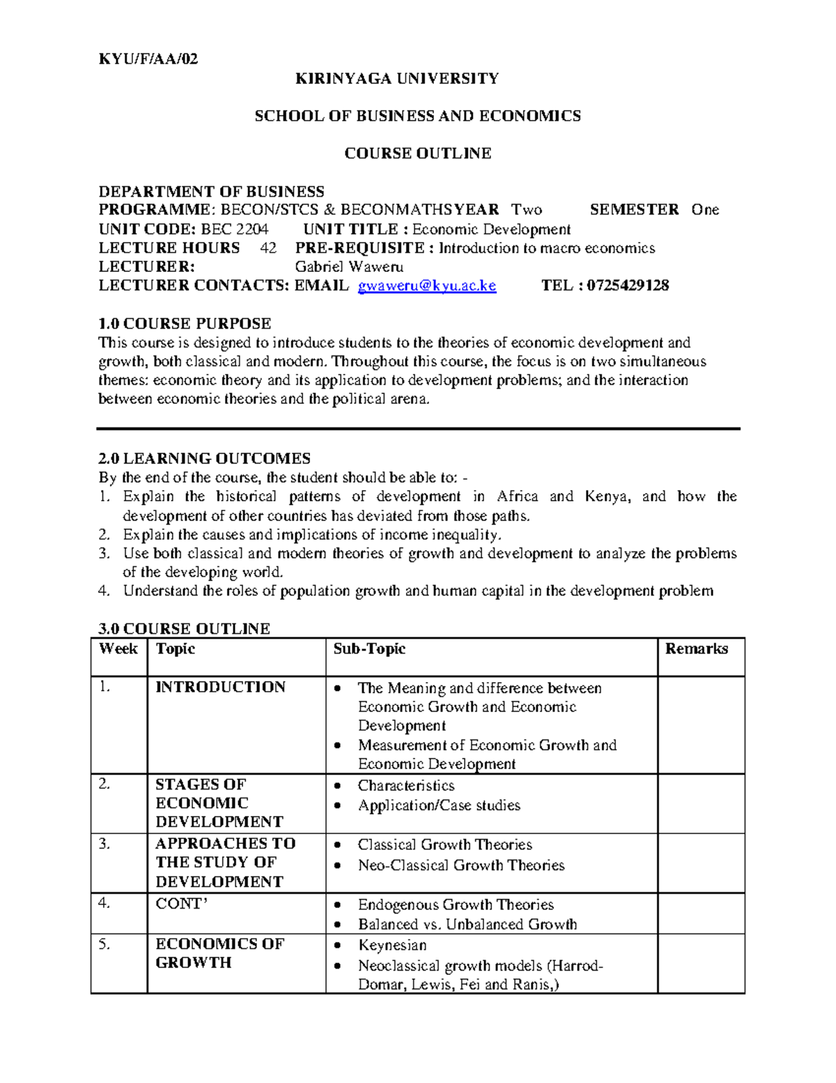 BEC 2204 Economic Development course outline - KYU/F/AA/ KIRINYAGA ...