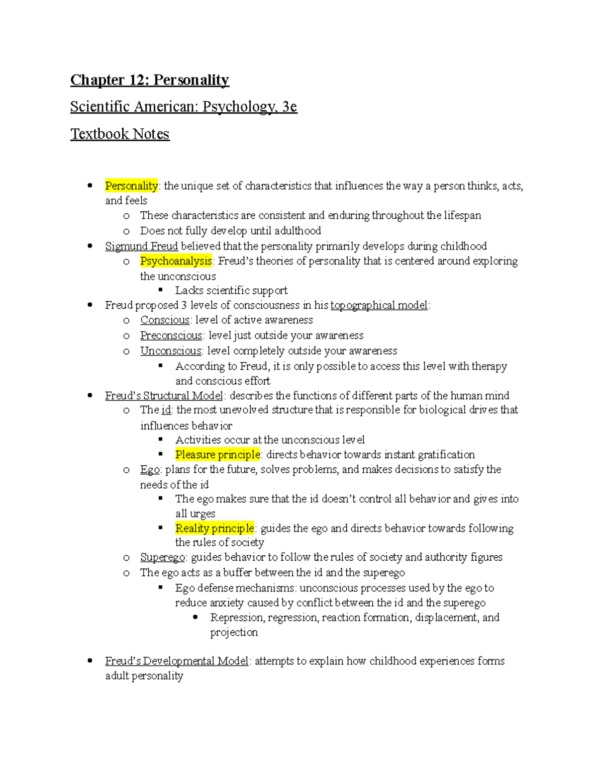 Chapter 12 Psych Notes - Chapter 12: Personality Scientific American ...