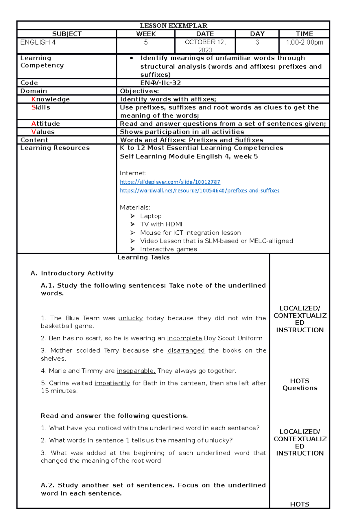 identifying affixes - LESSON EXEMPLAR SUBJECT WEEK DATE DAY TIME ...