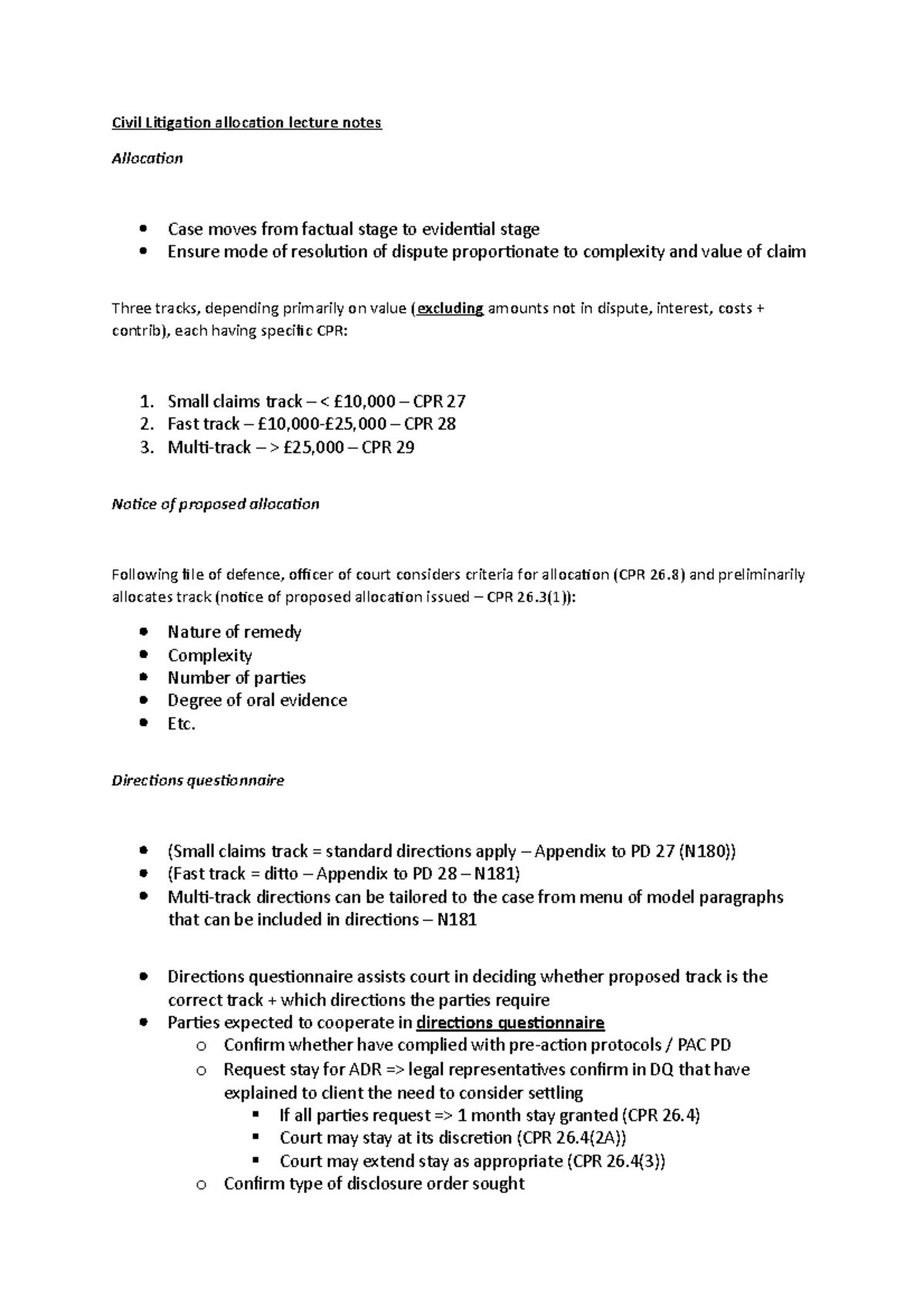 Civil Litigation allocation lecture notes - Civil Litigation allocation ...