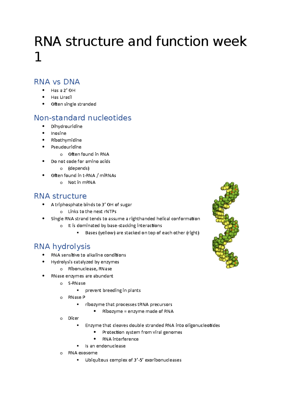 Week one Notes- Summary of important points - RNA structure and ...