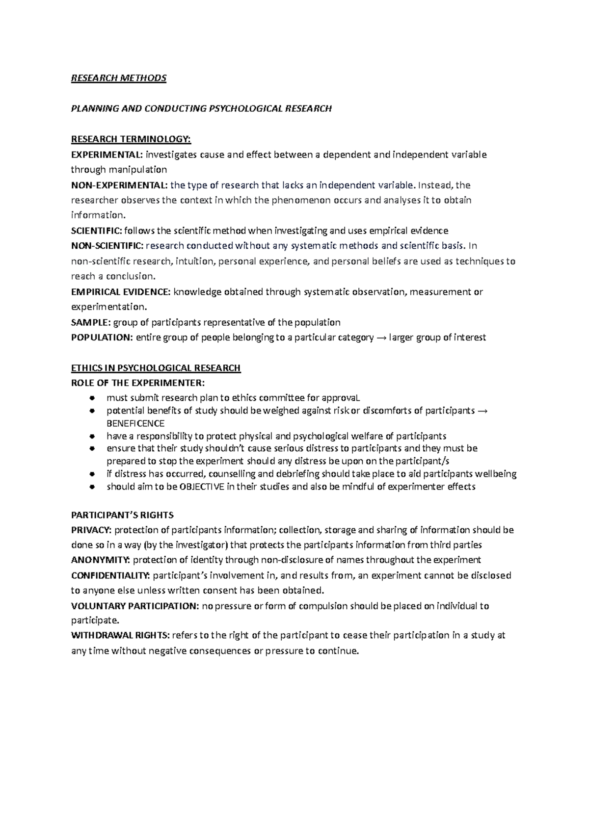 UNIT 3&4 Research Methods Notes - RESEARCH METHODS PLANNING AND ...