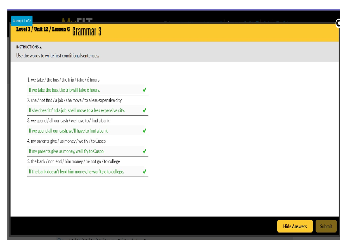 Level 1 - Unidad 12 - Lesson C - Grammar 3 - Attempt 1 of 2 x Level 1 ...