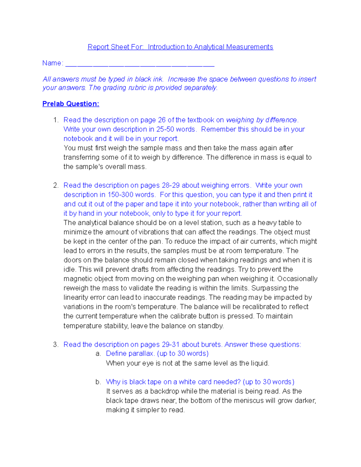 Lab 1 Report Sheet For Introduction to Analytical Measurements - Report ...
