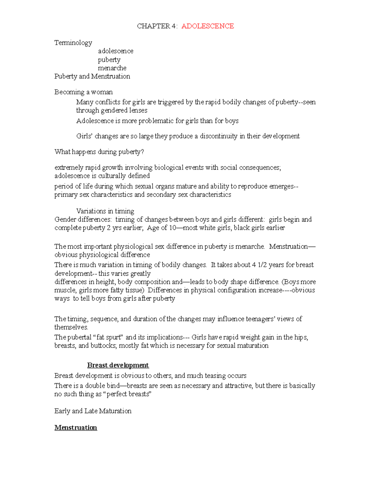 Ch04 Adolescence - CHAPTER 4: ADOLESCENCE Terminology adolescence ...