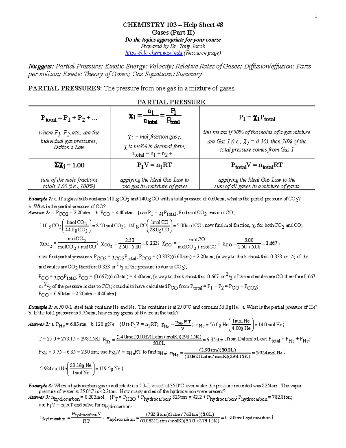 Helpsheet 08 103 - CHEMISTRY 103 – Help Sheet Gases (Part II) Do the ...