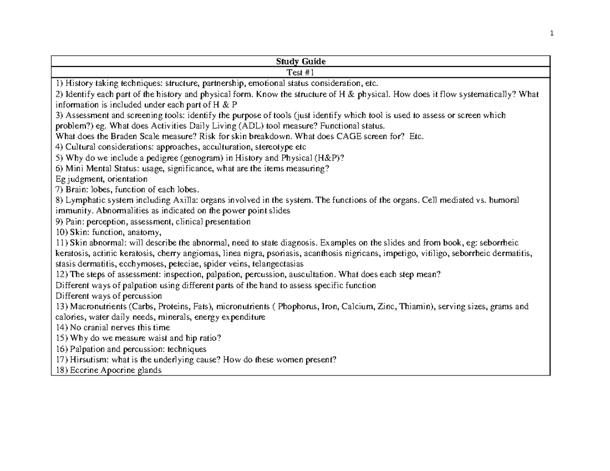 NURS 307 Study Guide Exam 1 - Study Guide Test # History taking ...